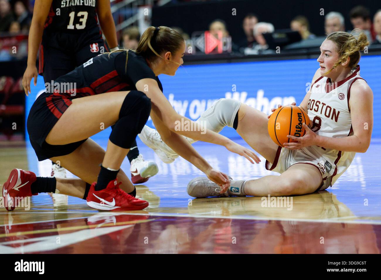 Boston College guard Lily Carmody (8) recovers a loose ball from ...