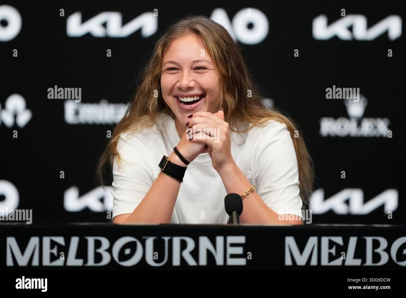 Amanda Anisimova of the United States reacts during a press conference ...