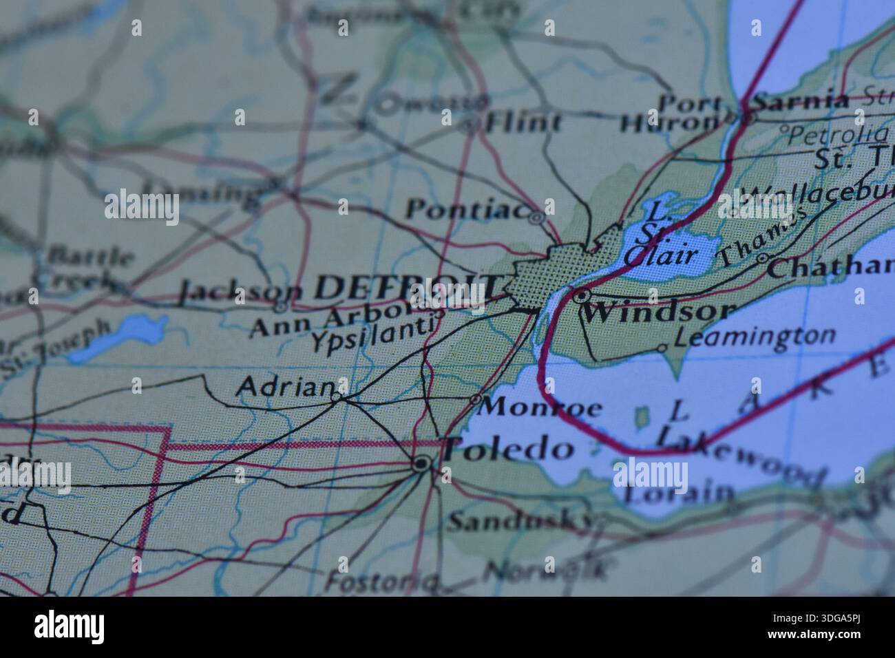 Macro close-up map of Detroit, Michigan and Windsor, Ontario, showing ...