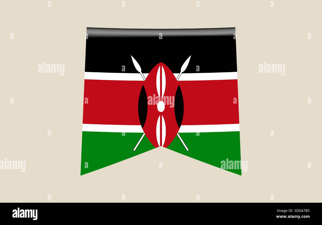 National Flag of Kenya with Maasai shield and spears waving as a glossy ...