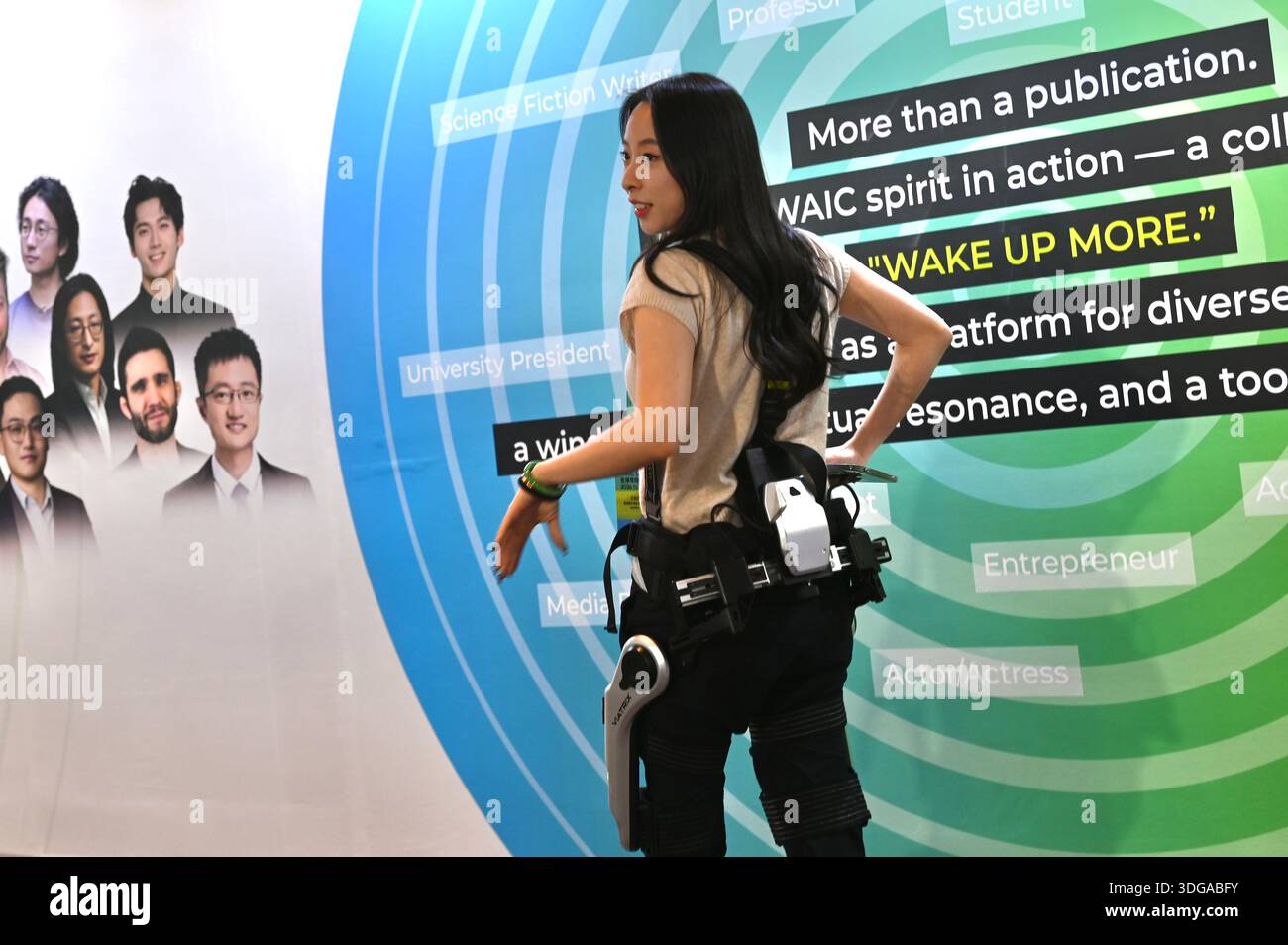 A lady wearing a wearable robot at the 2026 WAIC UP! Global Summit on ...