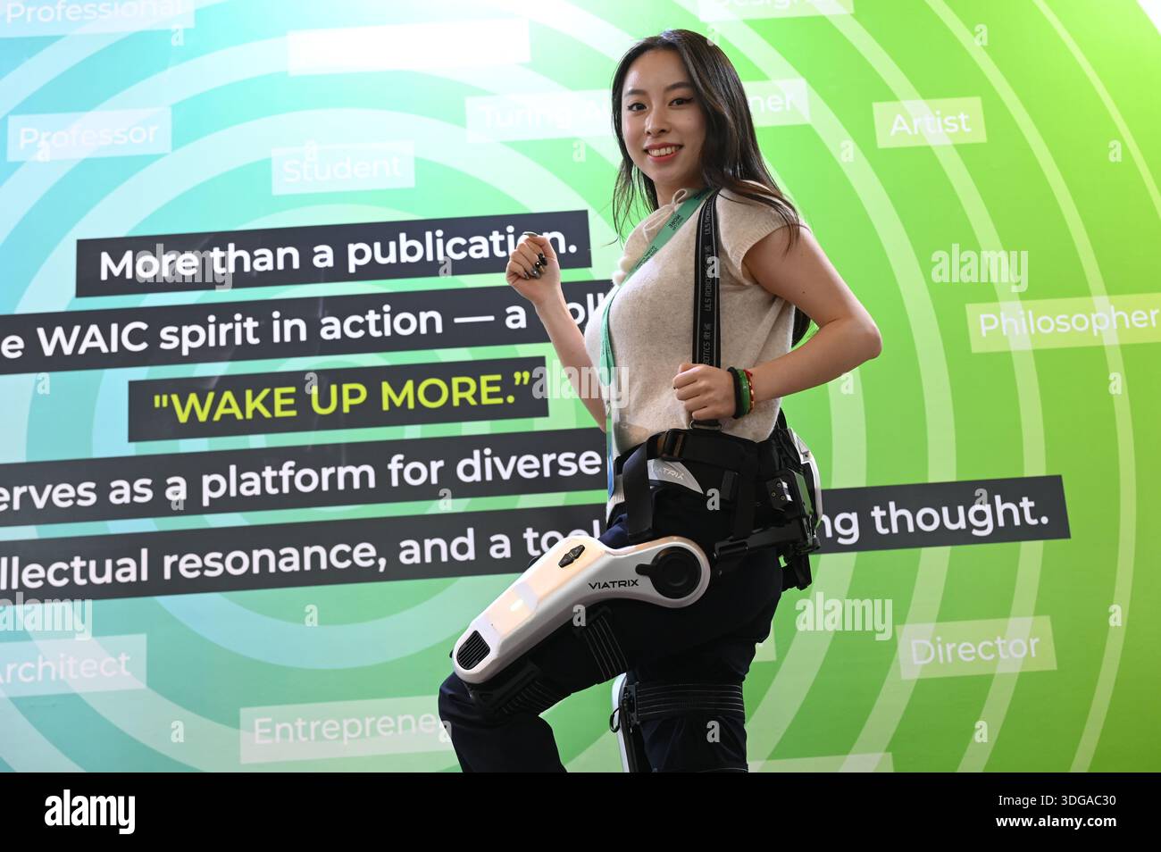 A lady wearing a wearable robot at the 2026 WAIC UP! Global Summit on ...