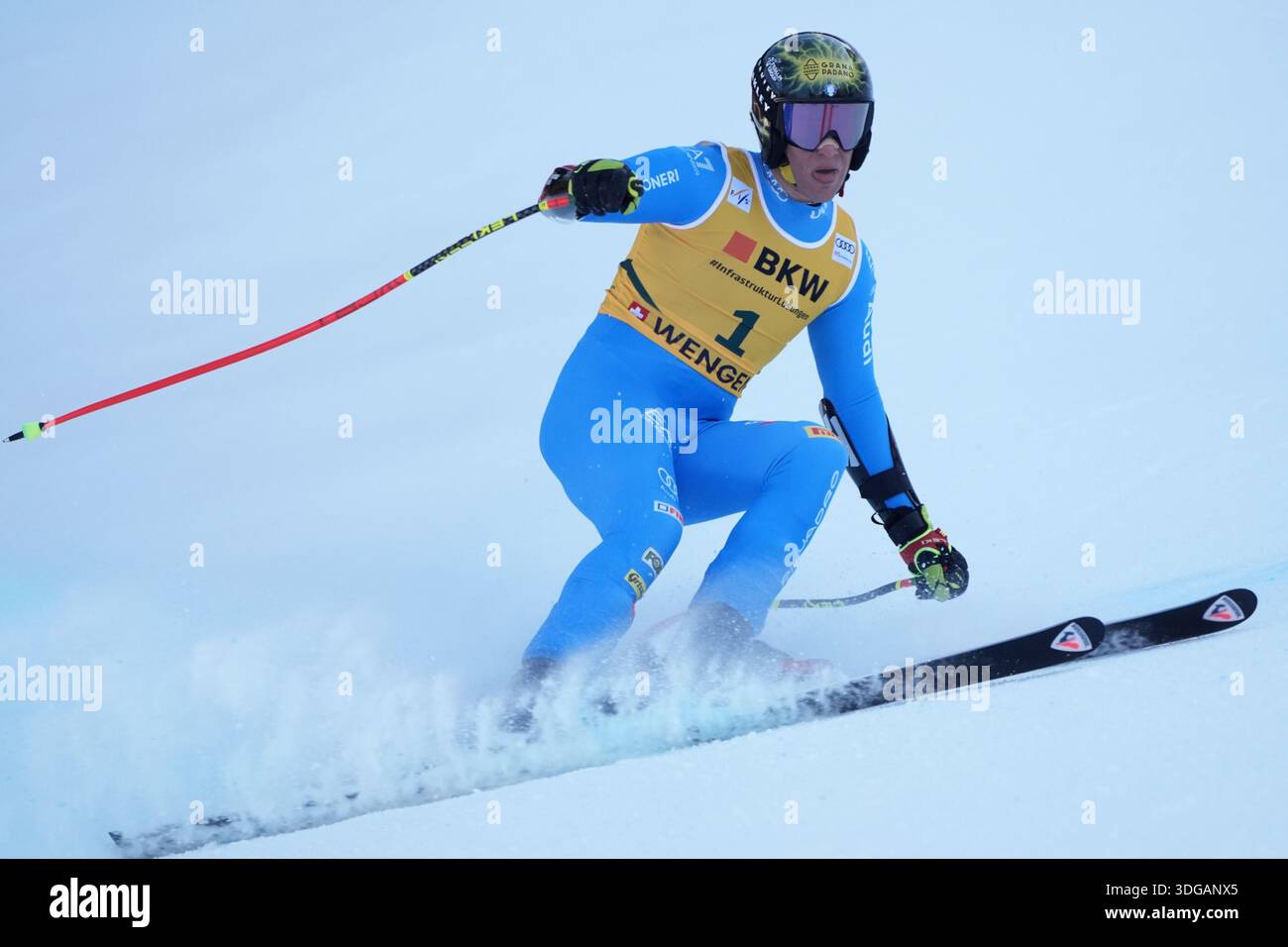 Italy's Giovanni Franzoni reacts at finish line during an alpine ski ...