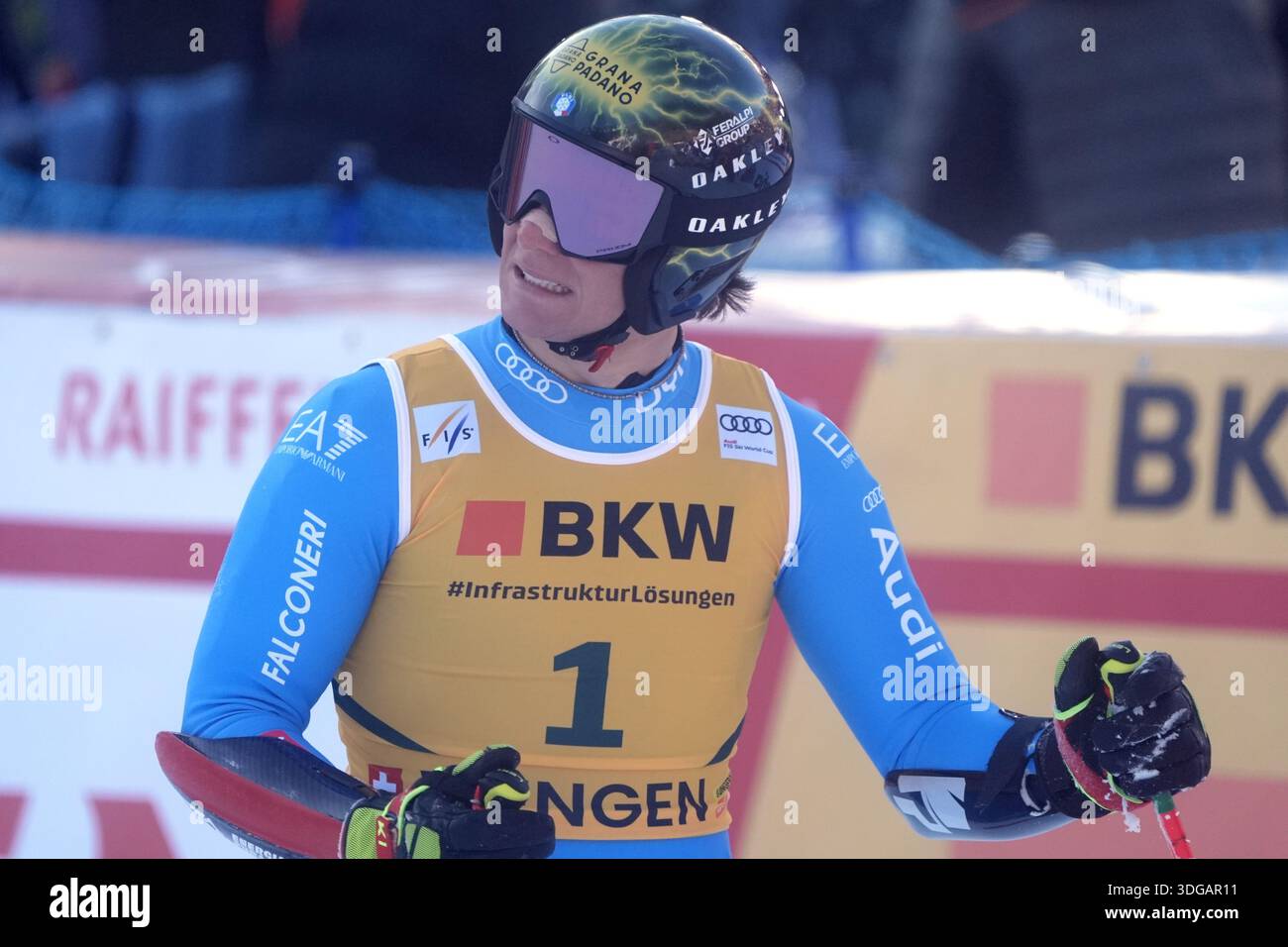 Italy's Giovanni Franzoni reacts at finish line during an alpine ski ...