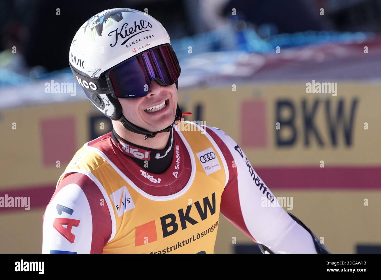 Austria's Lukas Feurstein reacts at finish line during an alpine ski ...