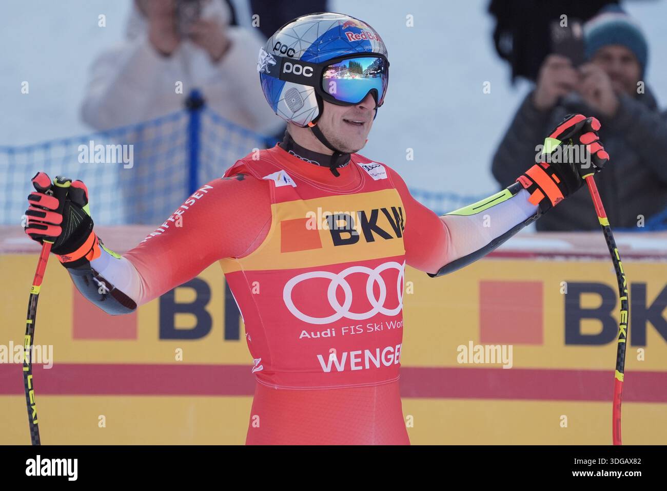 Switzerland's Marco Odermatt reacts at finish line during an alpine ski ...