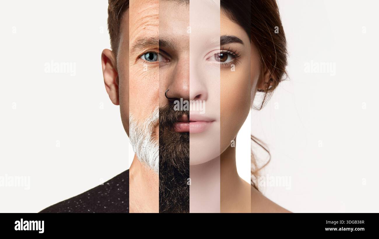 Portrait collage combining male and female faces across skin tones ...