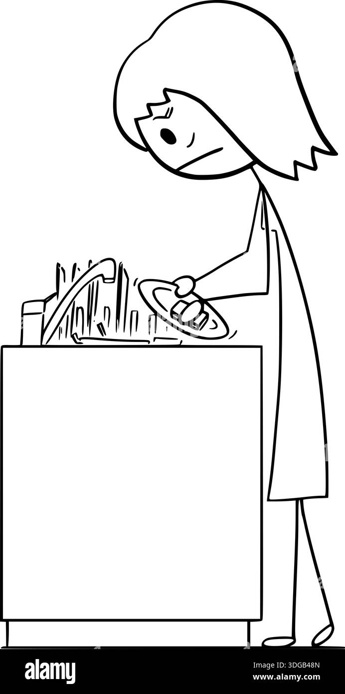 Wife or woman washing dishes in the sink, vector cartoon stick figure ...