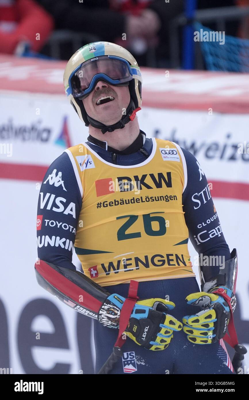 United States' River Radamus reacts at finish line during an alpine ski ...