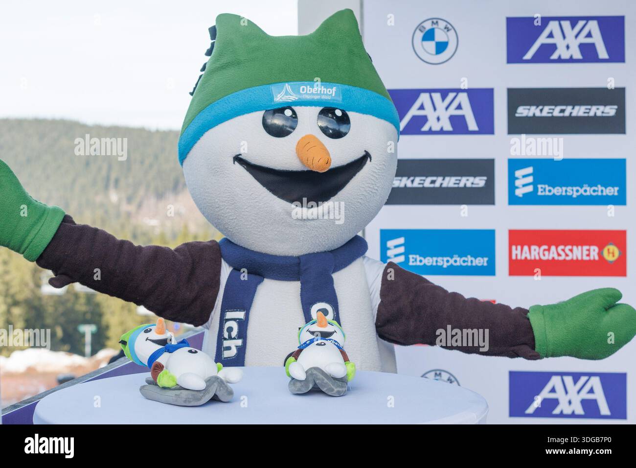 large mascot 'Snowman Flocke' with small Flockes, Oberhof, 16.01.2026 ...
