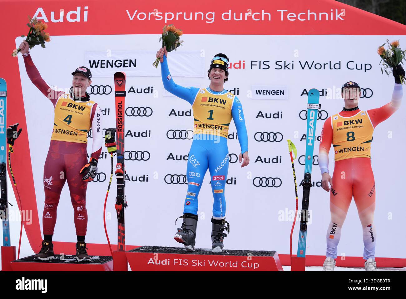 Italy's Giovanni Franzoni, center, winner of an alpine ski, men's World ...