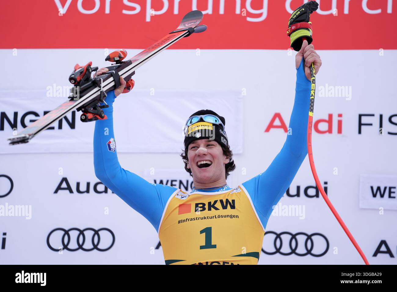 Italy's Giovanni Franzoni celebrates winning an alpine ski, men's World ...