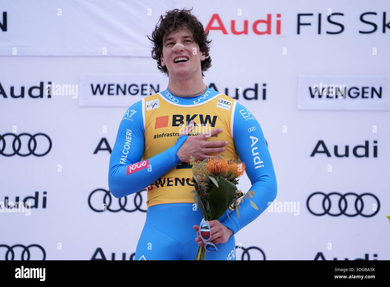 Italy's Giovanni Franzoni celebrates winning an alpine ski, men's World ...