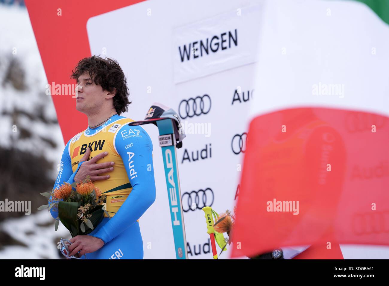 Italy's Giovanni Franzoni celebrates winning an alpine ski, men's World ...