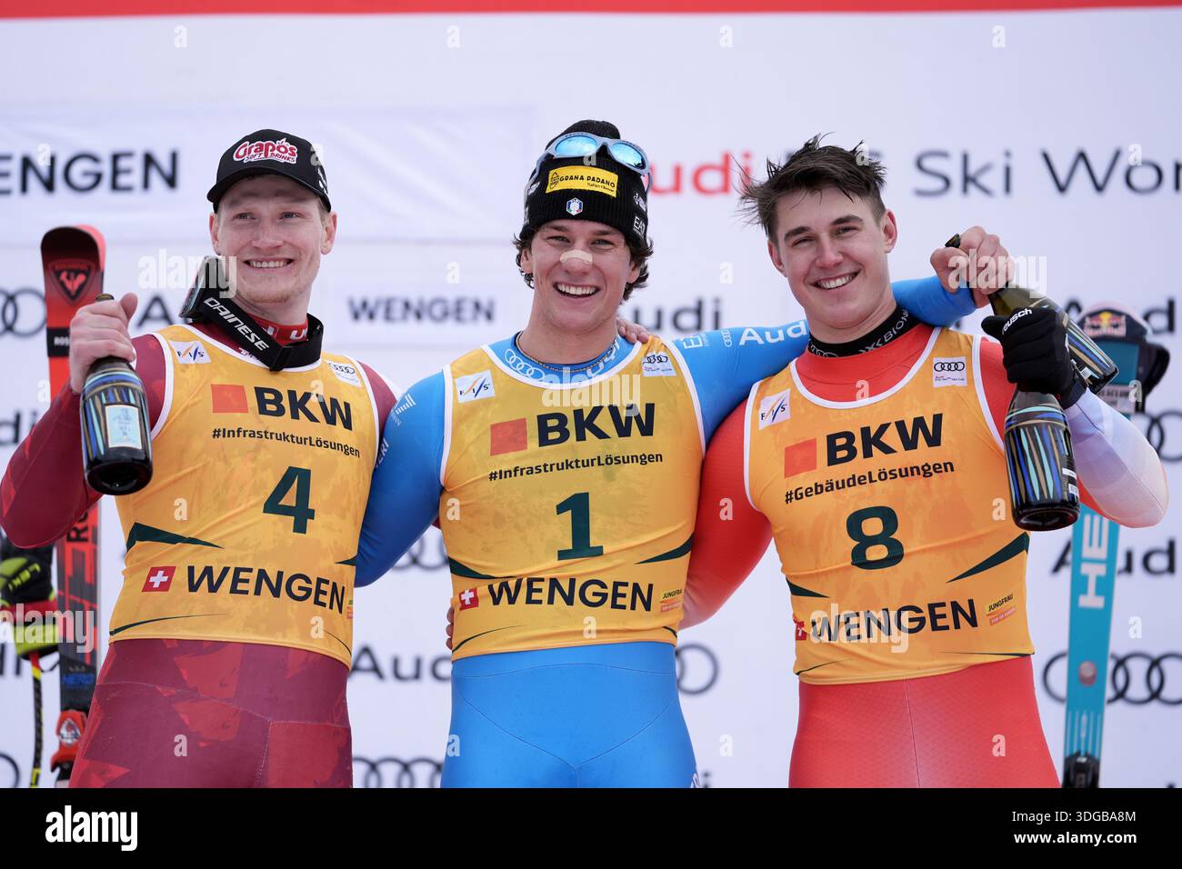 Italy's Giovanni Franzoni, center, winner of an alpine ski, men's World ...