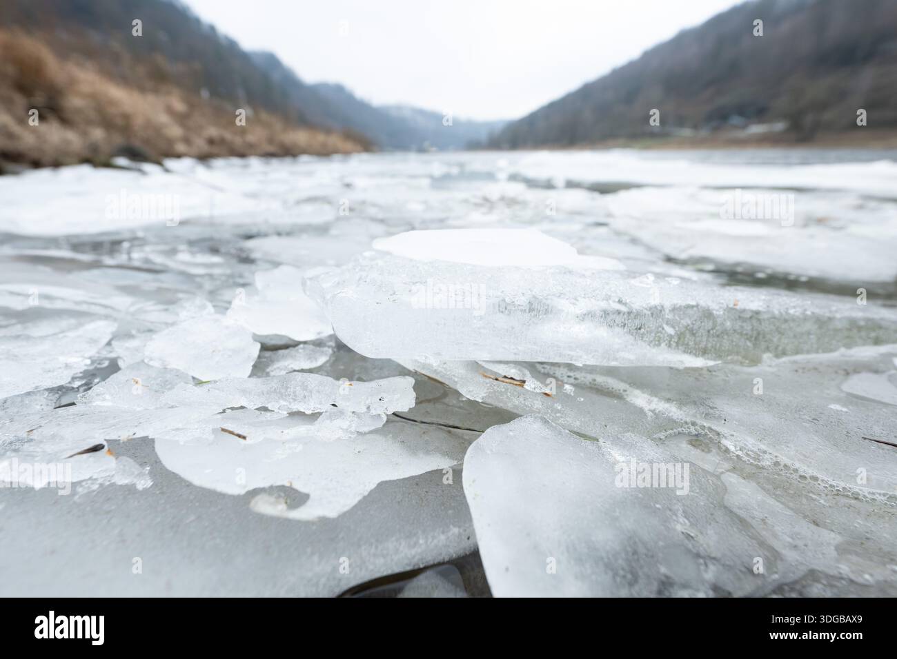 Bad Schandau, Germany. 16th Jan, 2026. Ice floes pile up on the banks ...