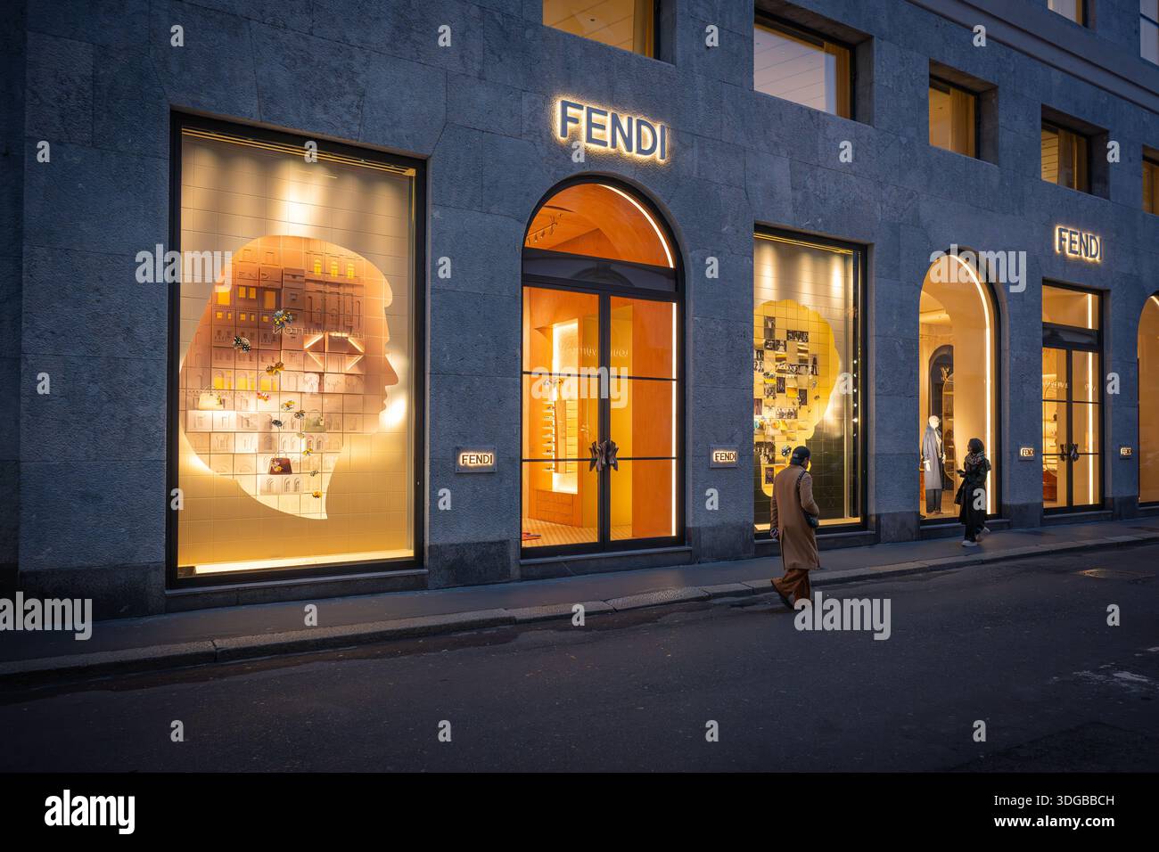 Milan, Italy - 2026, 13 Jan: Elegant Fendi storefront with illuminated ...