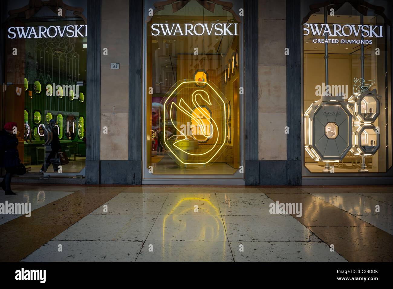 Milan, Italy - 2026, 13 Jan: Swarovski FW25 storefront glows with ...