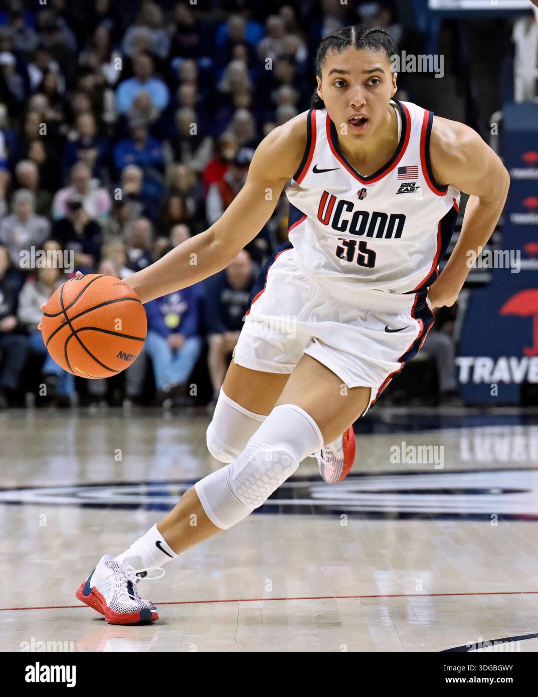 UConn guard Azzi Fudd (35) in the first half of an NCAA college basketball game, Thursday, Jan ...