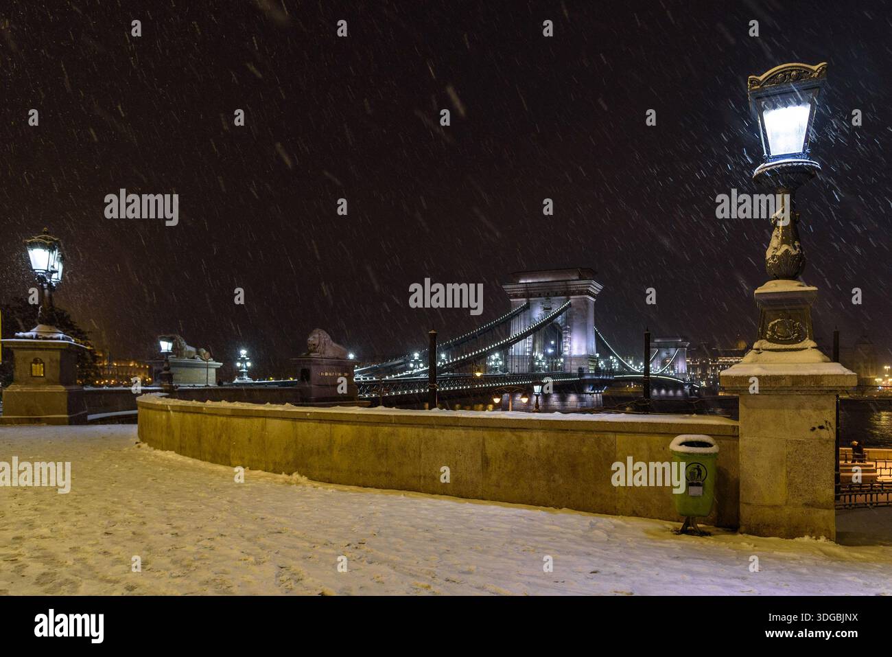The pedestrian path on the Szechenyi Chain Bridge in Budapest, Hungary ...