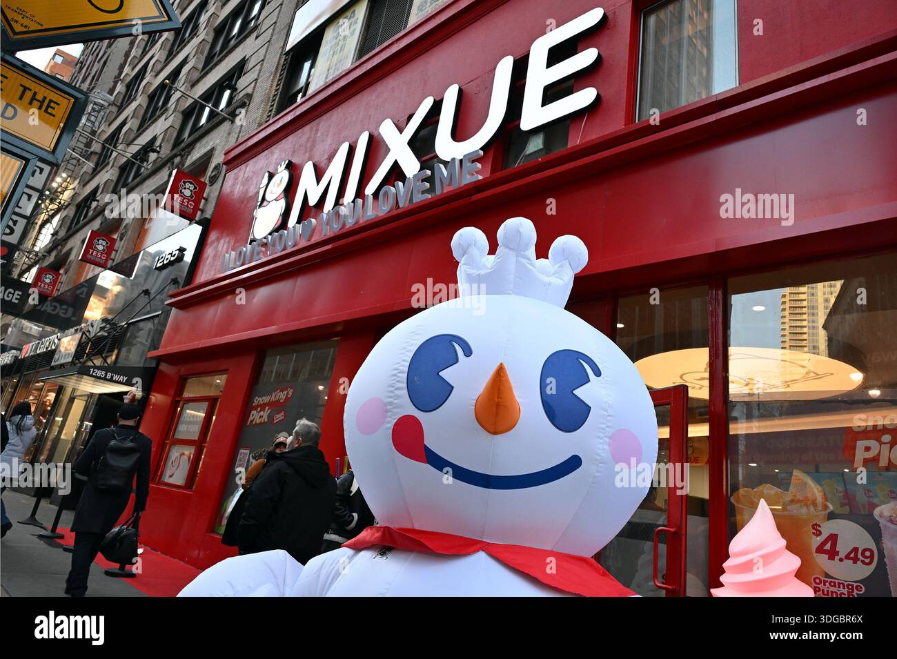 New York, USA. 15th Jan, 2026. Mixue's 'Snow King' mascot seen outside ...
