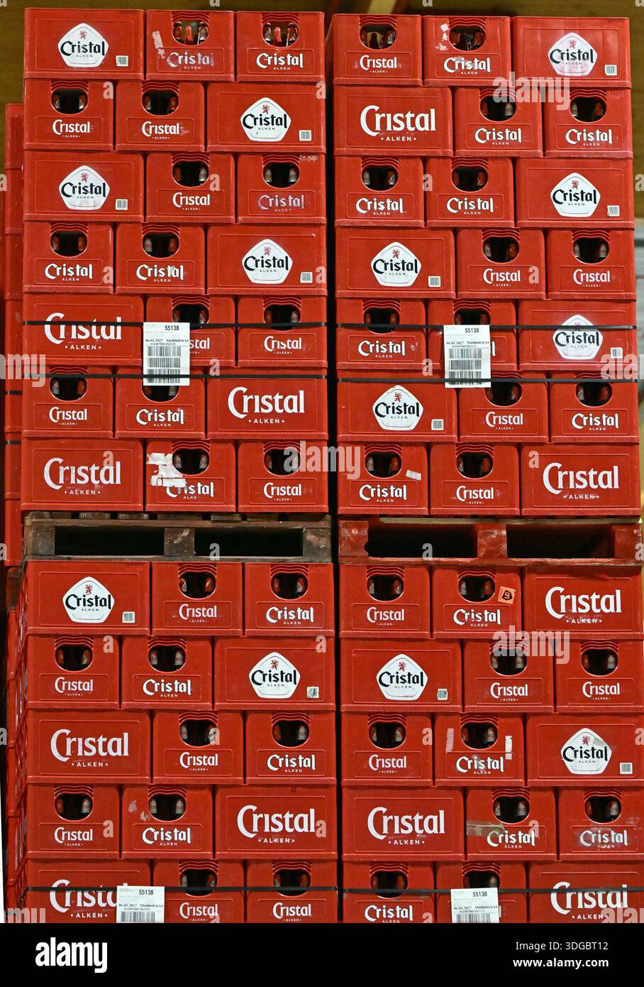 Alken, Belgium. 16th Jan, 2026. Pallets of crates of Cristal beers ...