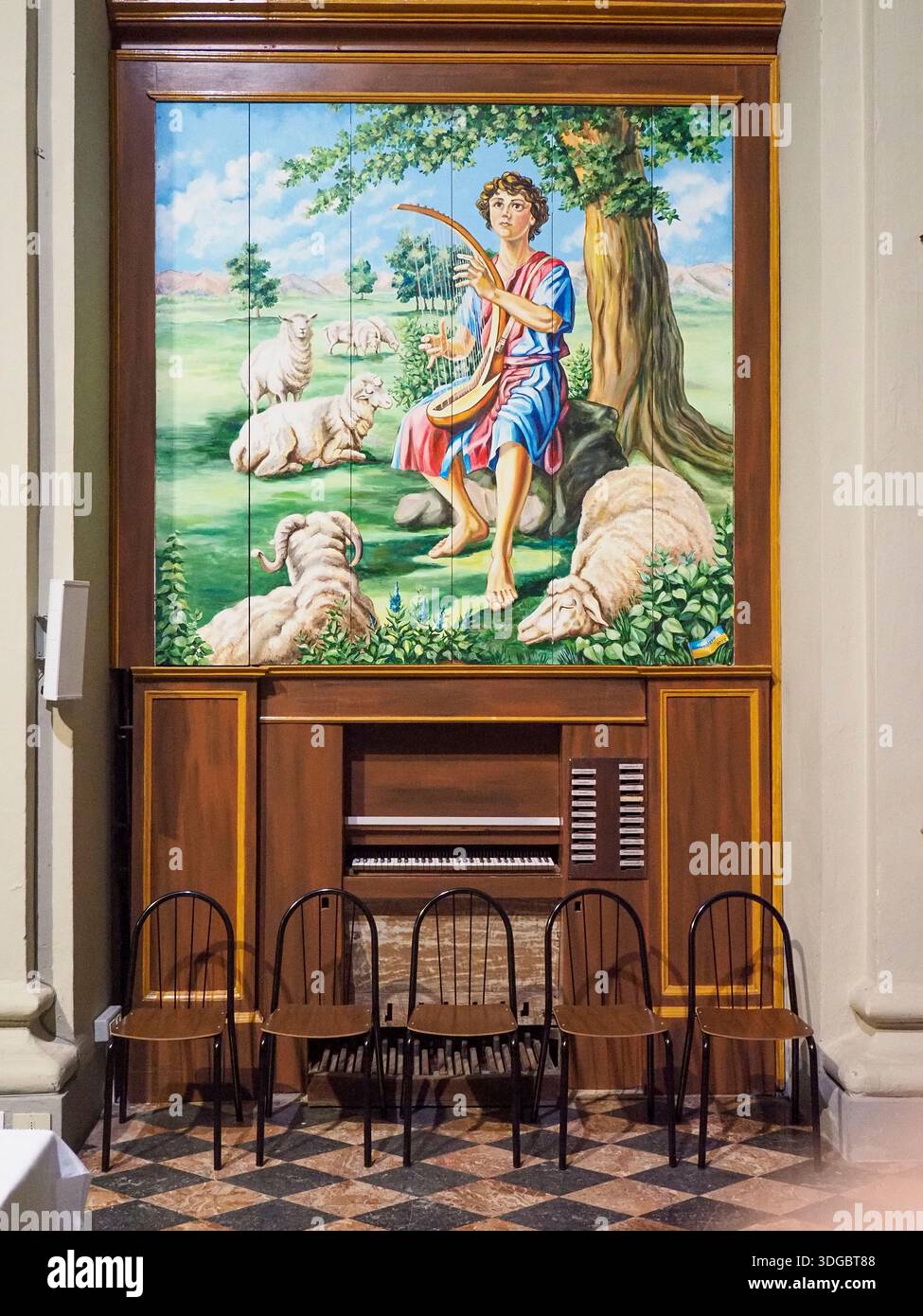 Mural painting depicting young King David playing a lyre for his sheep ...