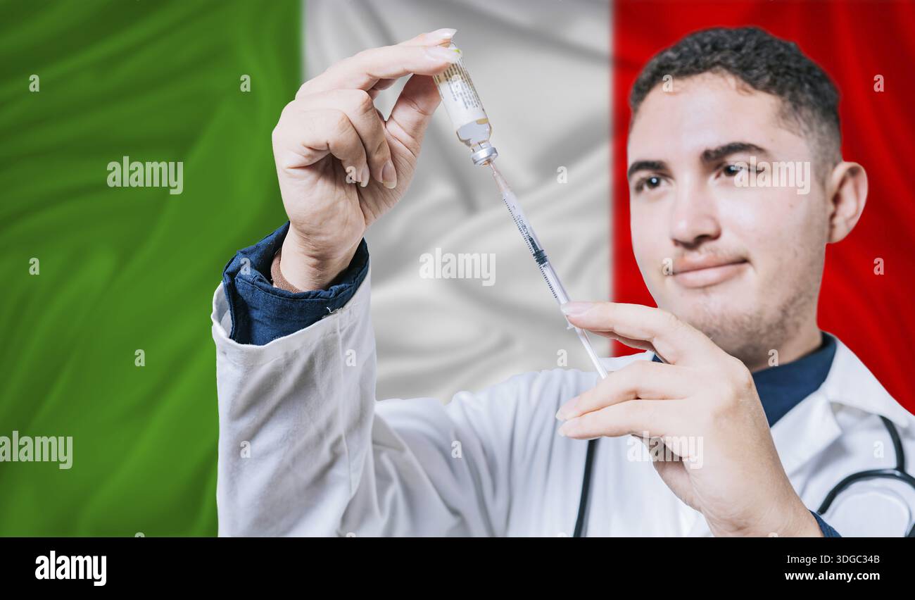 Doctor holding syringe on Italy flag background. Medical professional ...