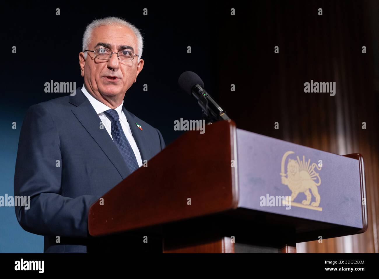 Iranian opposition leader Reza Pahlavi speaks during a news conference ...