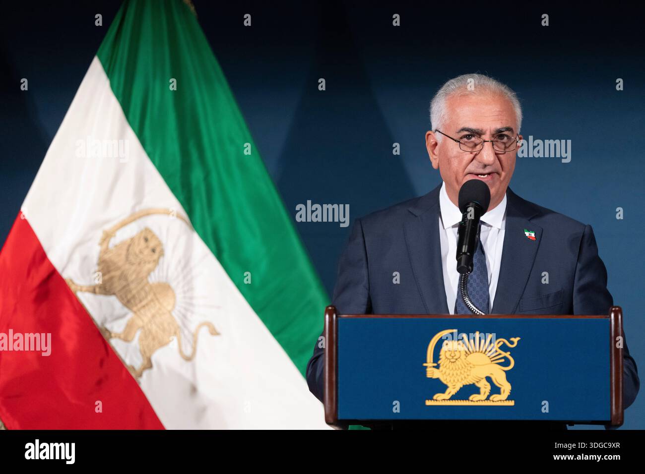 Iranian opposition leader Reza Pahlavi speaks during a news conference ...