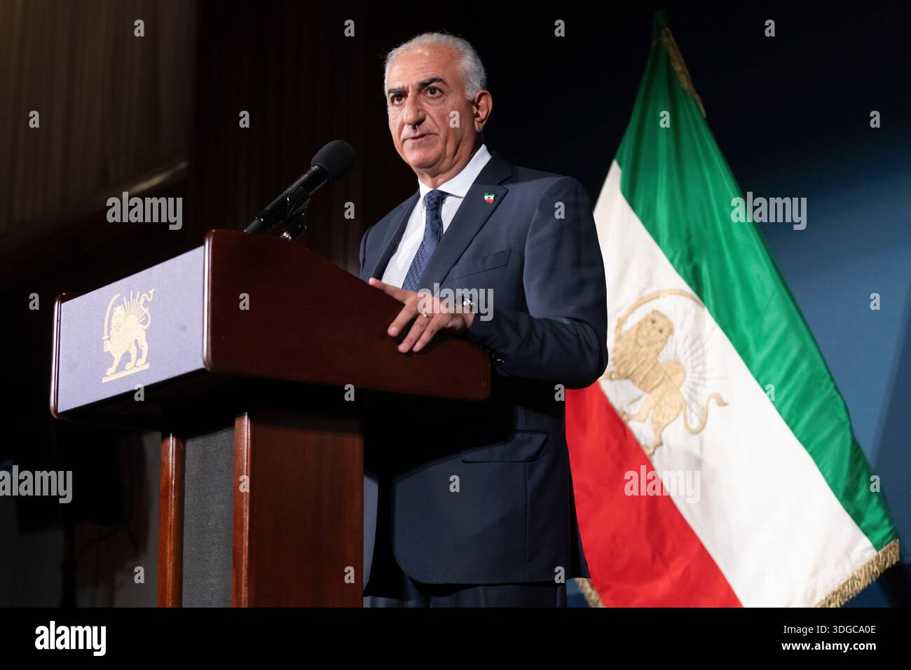 Iranian opposition leader Reza Pahlavi speaks during a news conference ...