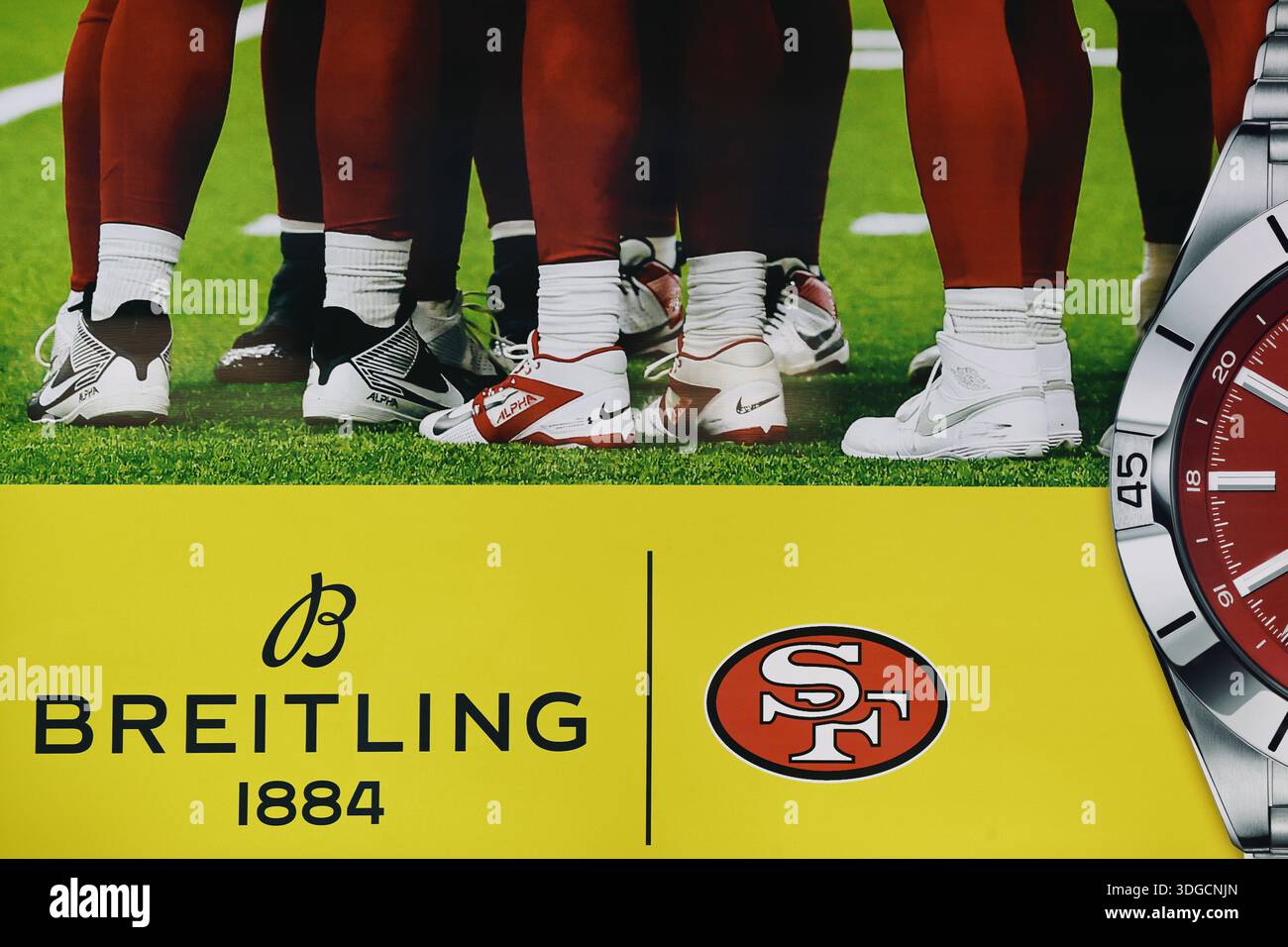 A detail view of the Breitling and San Francisco 49ers logos in the ...