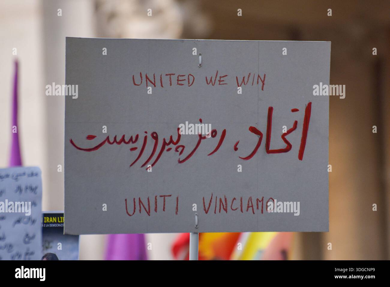 Rome, Rome, Italy. 16th Jan, 2026. A protester displays a sign during a ...
