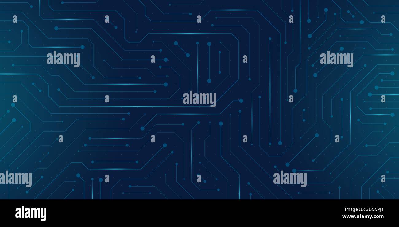 Glow effect AI circuit board with blue data lines and a central ...