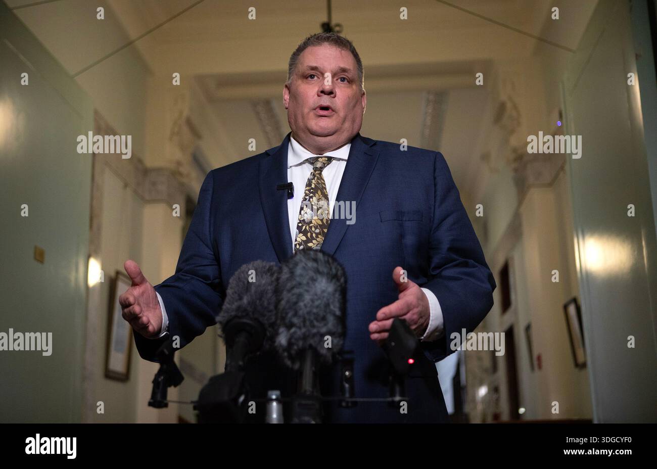 B.C. Conservative MLA Peter Milobar reacts to the budget during a press ...