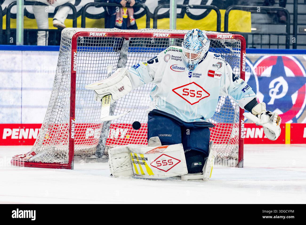 Jussi Olkinuora (Goalkeeper, Dresden Ice Lions, #45) during warm-up GER ...