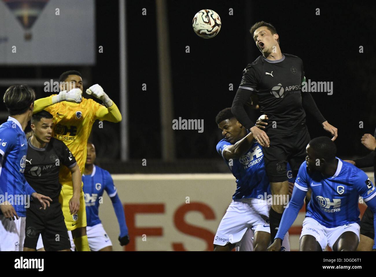Geel, Belgium. 16th Jan, 2026. Jong Genk's Lucca Brughmans, Jong Genk's ...