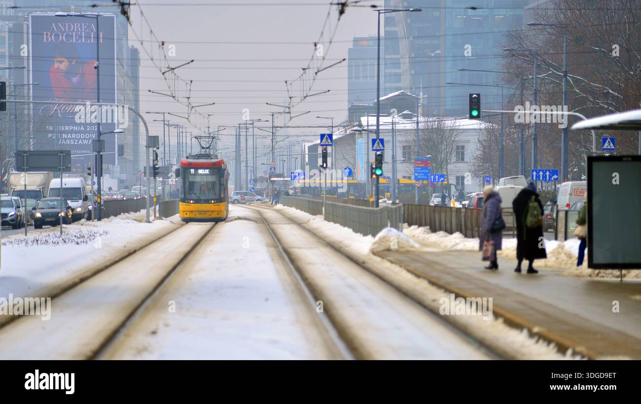 Warsaw, Poland. 15 January 2026. Tramway tracks in the snow on a Prosta ...