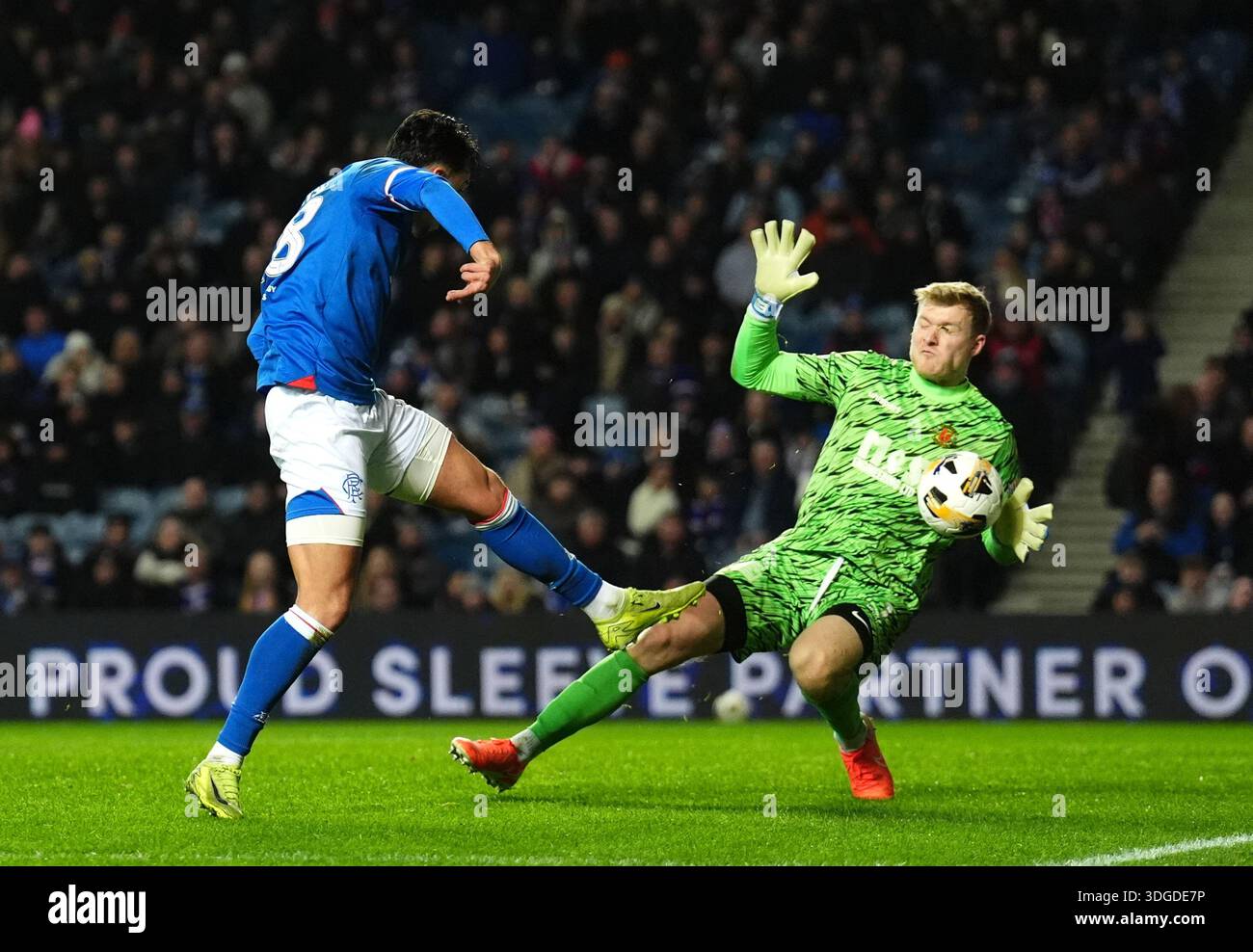 Rangers' Bojan Miovski has a shot saved by Annan Athletic goalkeeper ...