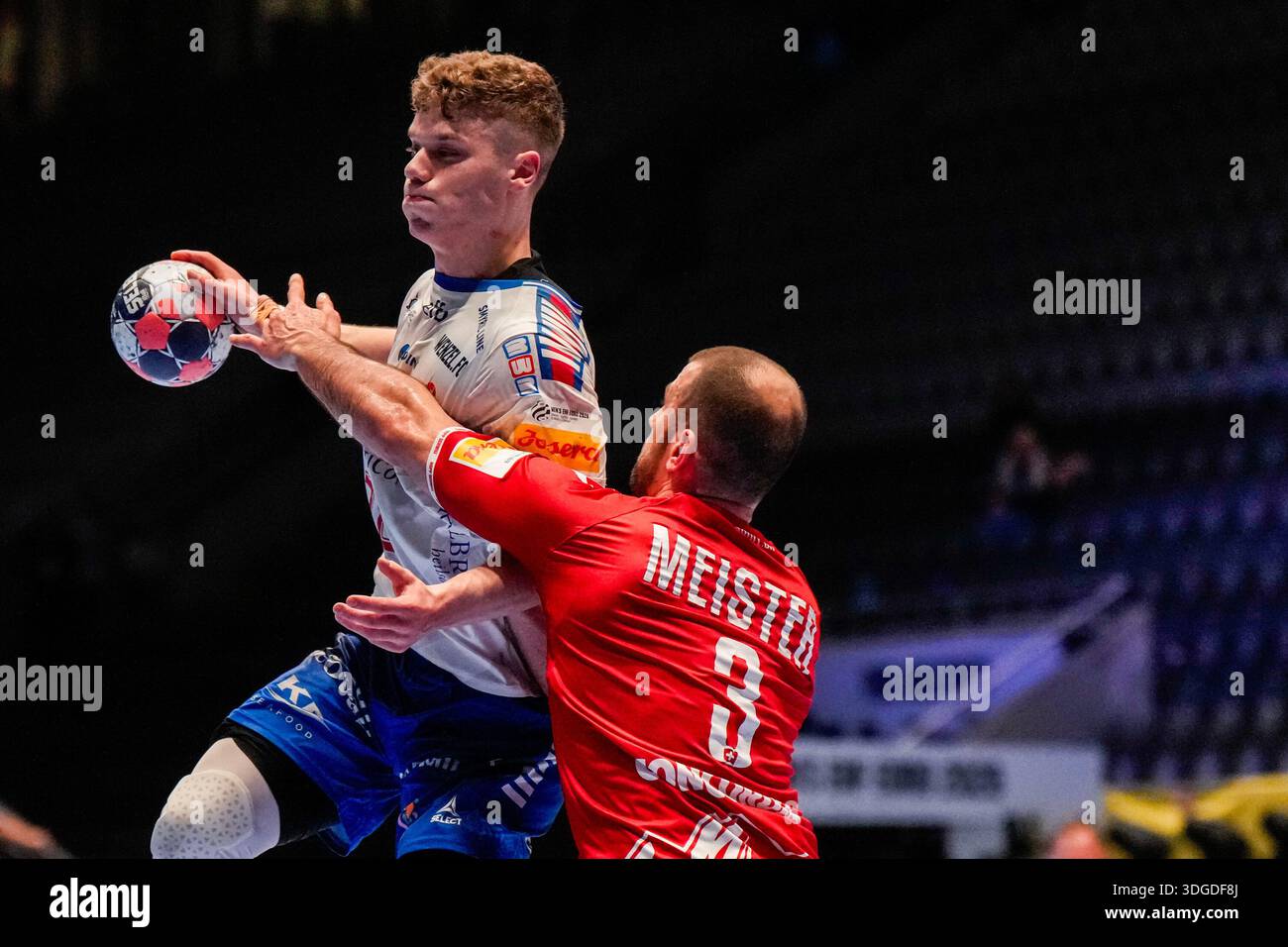 Faroe Islands' Oli Mittun and Switzerland's Lucas Meister, right ...