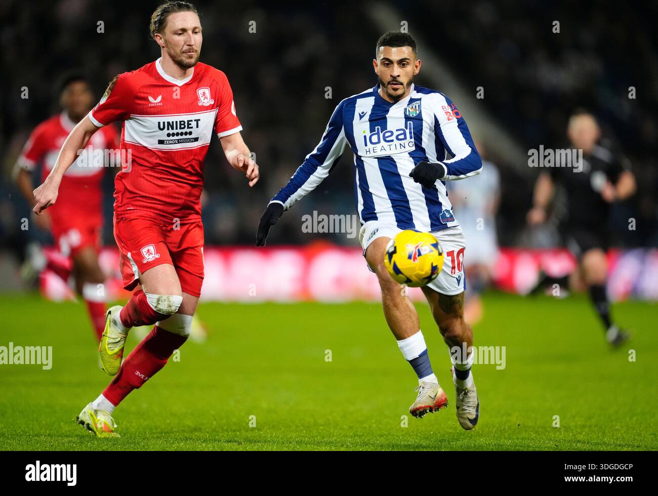 Middlesbrough's Luke Ayling (left) and West Bromwich Albion's Karlan ...