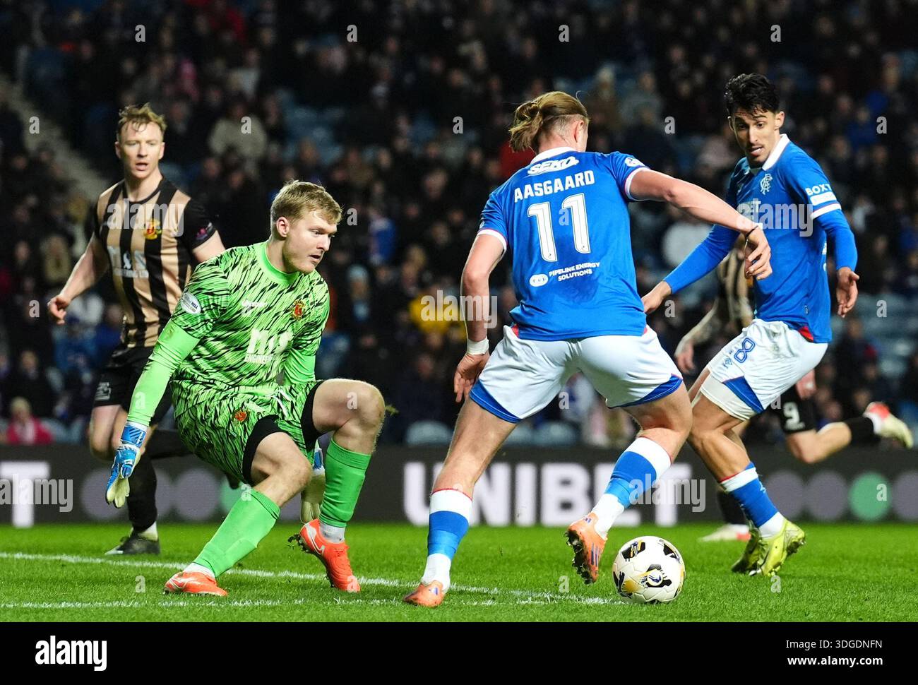 Annan Athletic goalkeeper Charlie Albinson (left) in action during the ...
