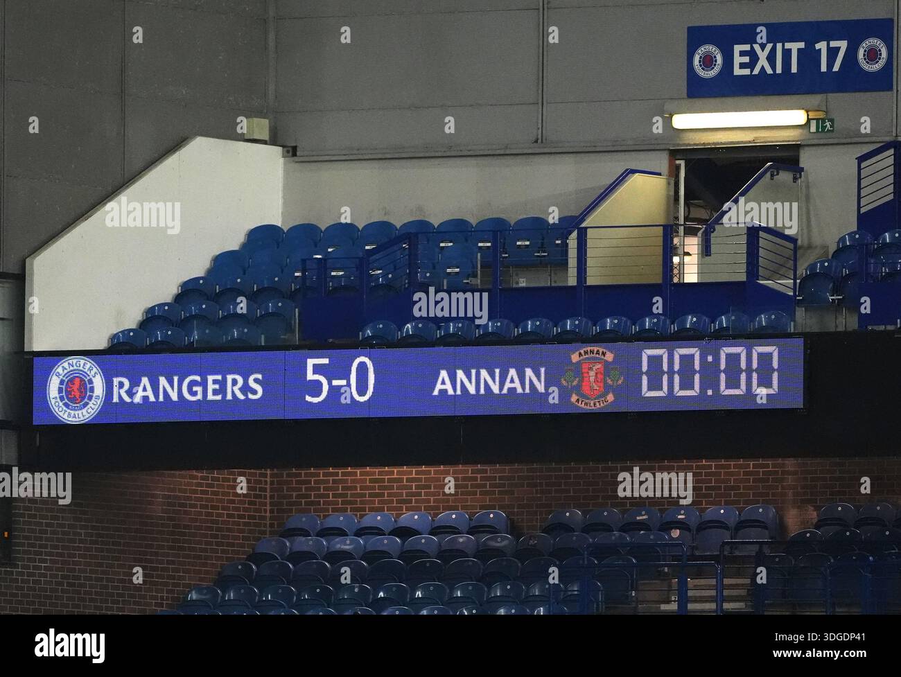A general view of the scoreboard reading Rangers 5 - 0 Annan Atheltic ...