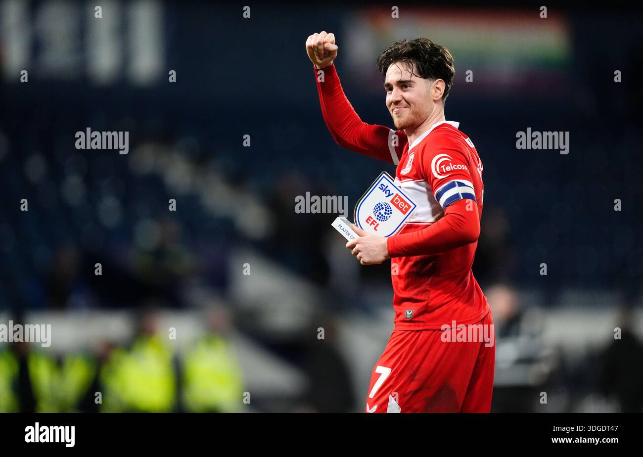 Middlesbrough's Hayden Hackney celebrates the win with the Man of the ...