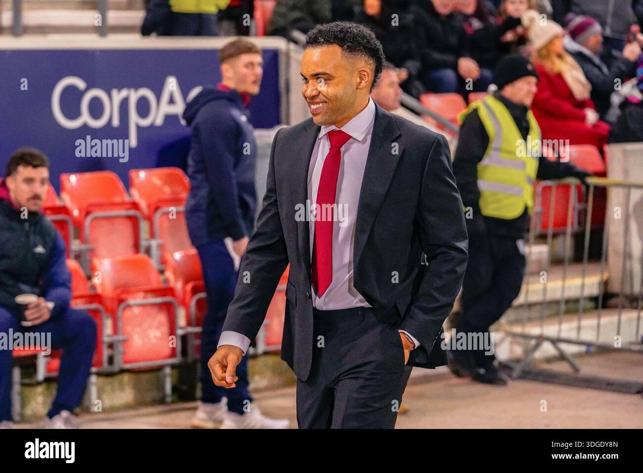 MANCHESTER, ENGLAND - January 16: Mason Caton-Brown pre game smiling ...