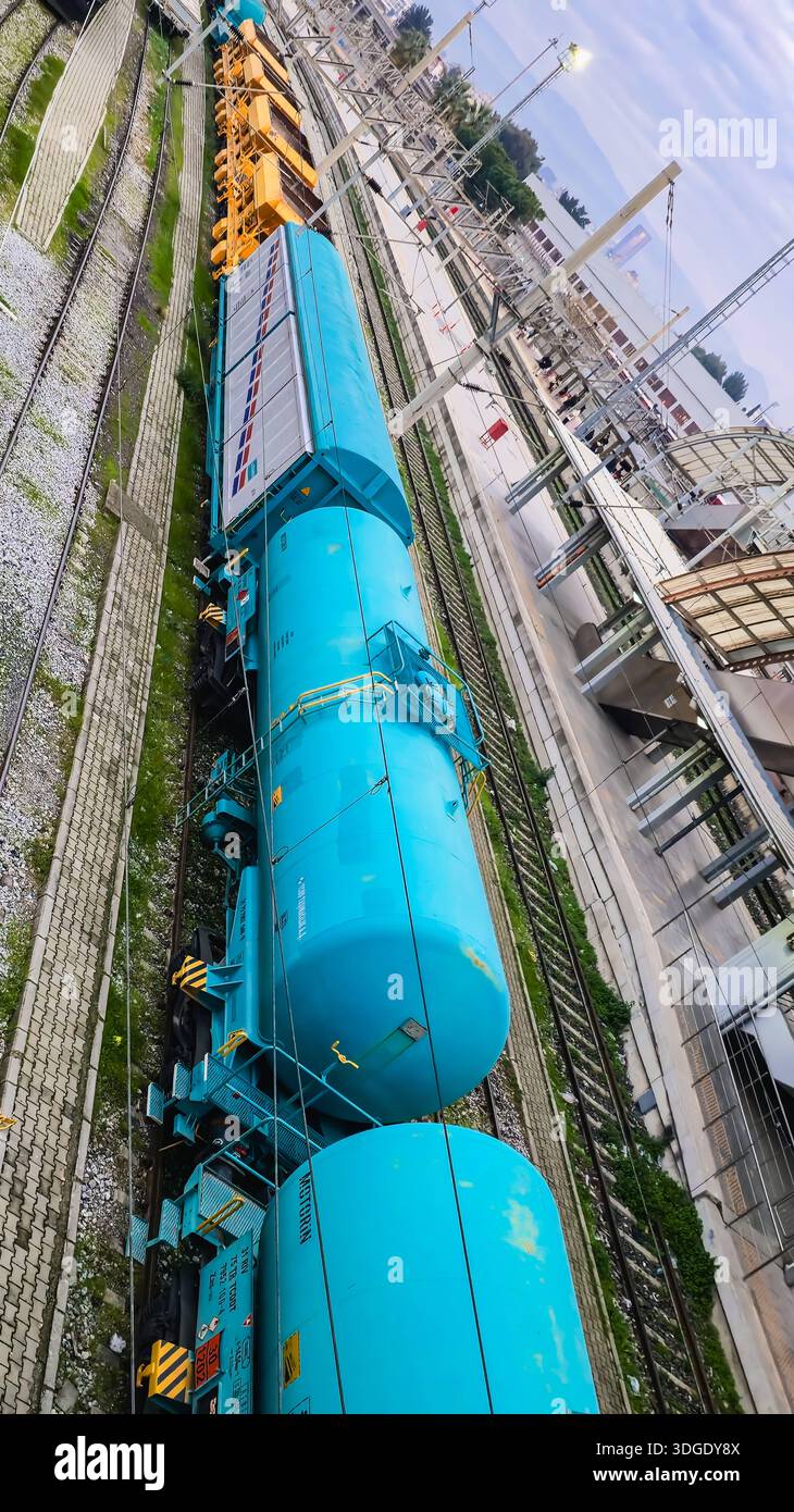 High angle view of a freight train High angle view of a freight train ...