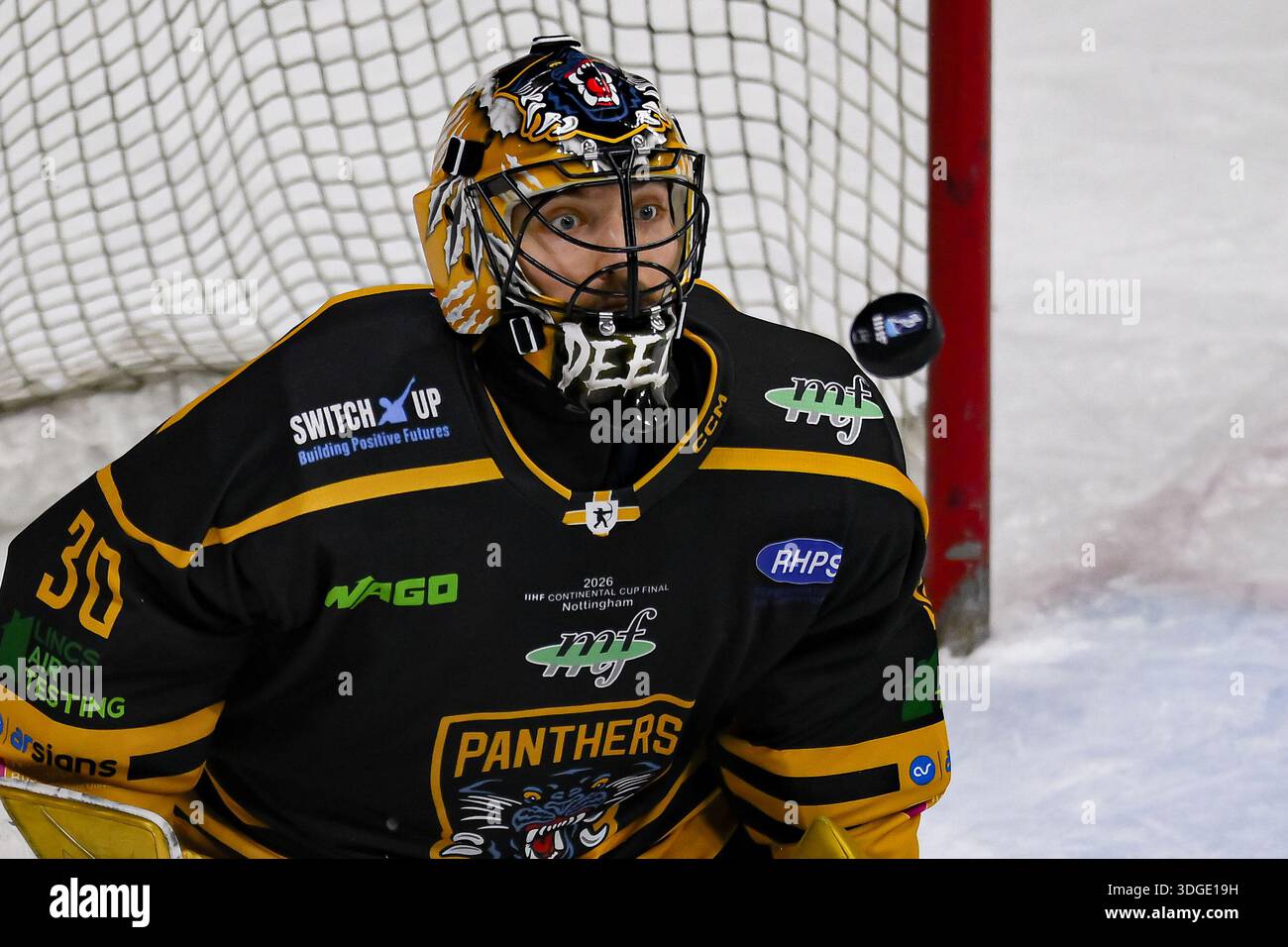Jason Grande of Nottingham Panthers watches the puck very closely ...