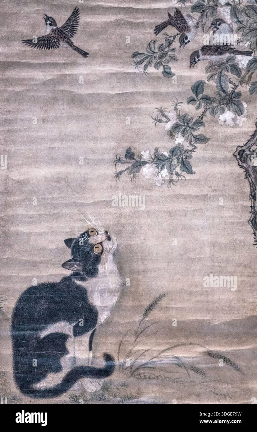 Byeon Sangbyeok: "Cat with Sparrows". Korean Peninsula, Joseon dynasty ...