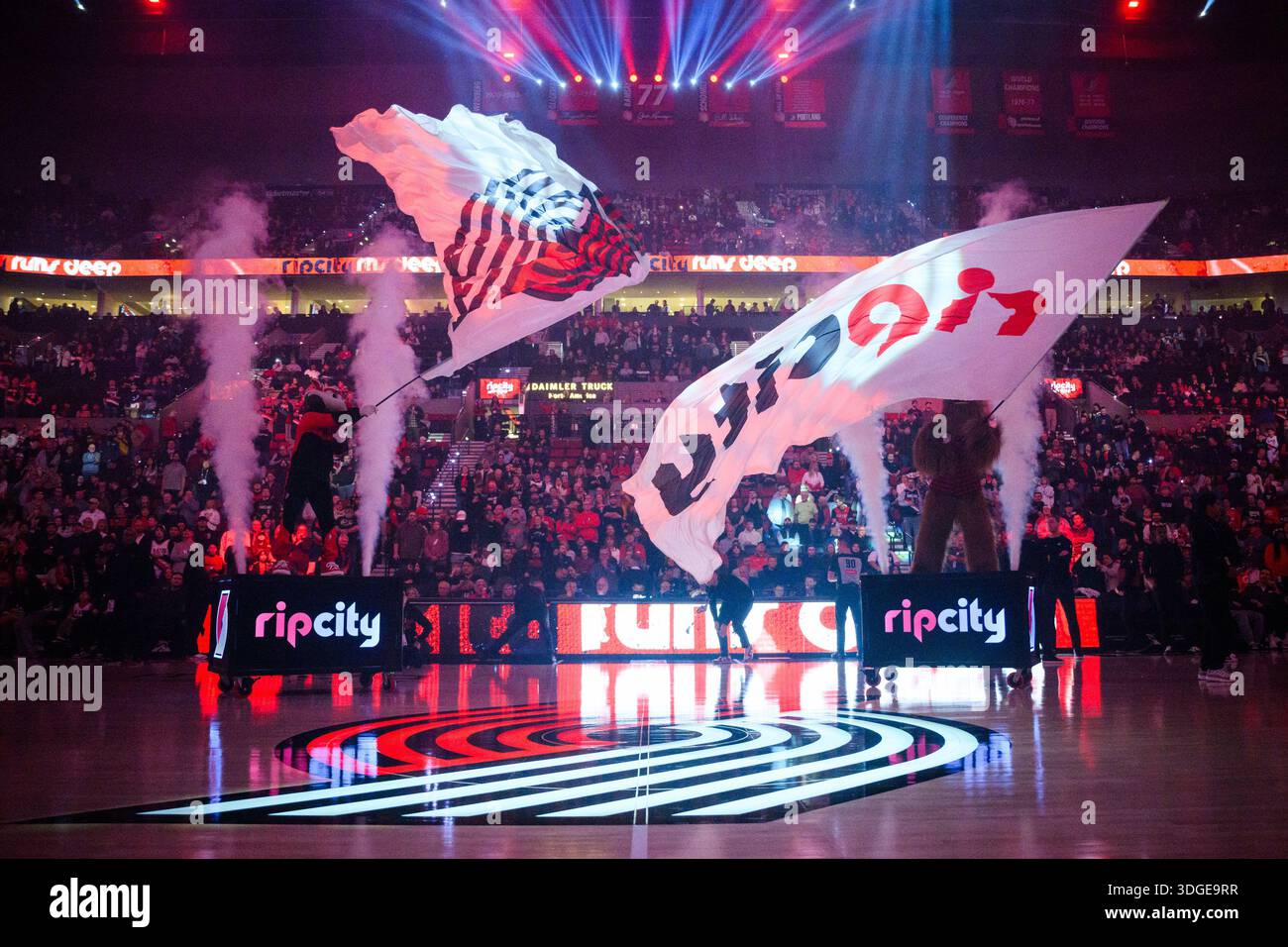 Portland Trail Blazers mascots wave flags before the start of NBA ...