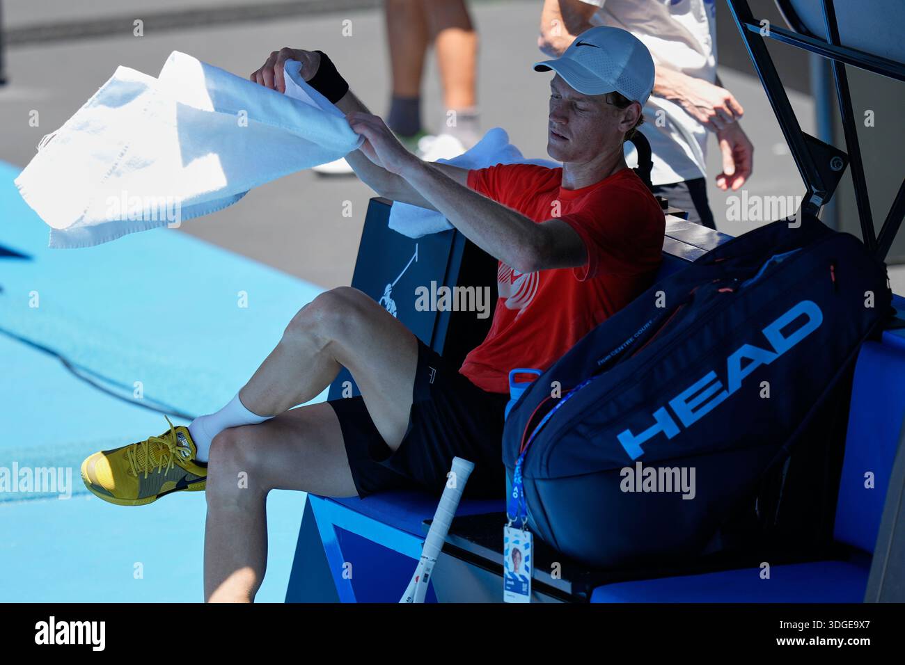 Jannik Sinner of Italy reacts during a practice session ahead of the ...
